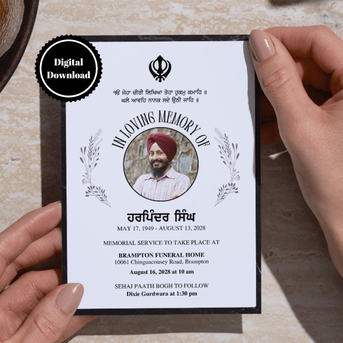 Punjabi Sikh Funeral Invitation Card | Editable Obituary Template ...