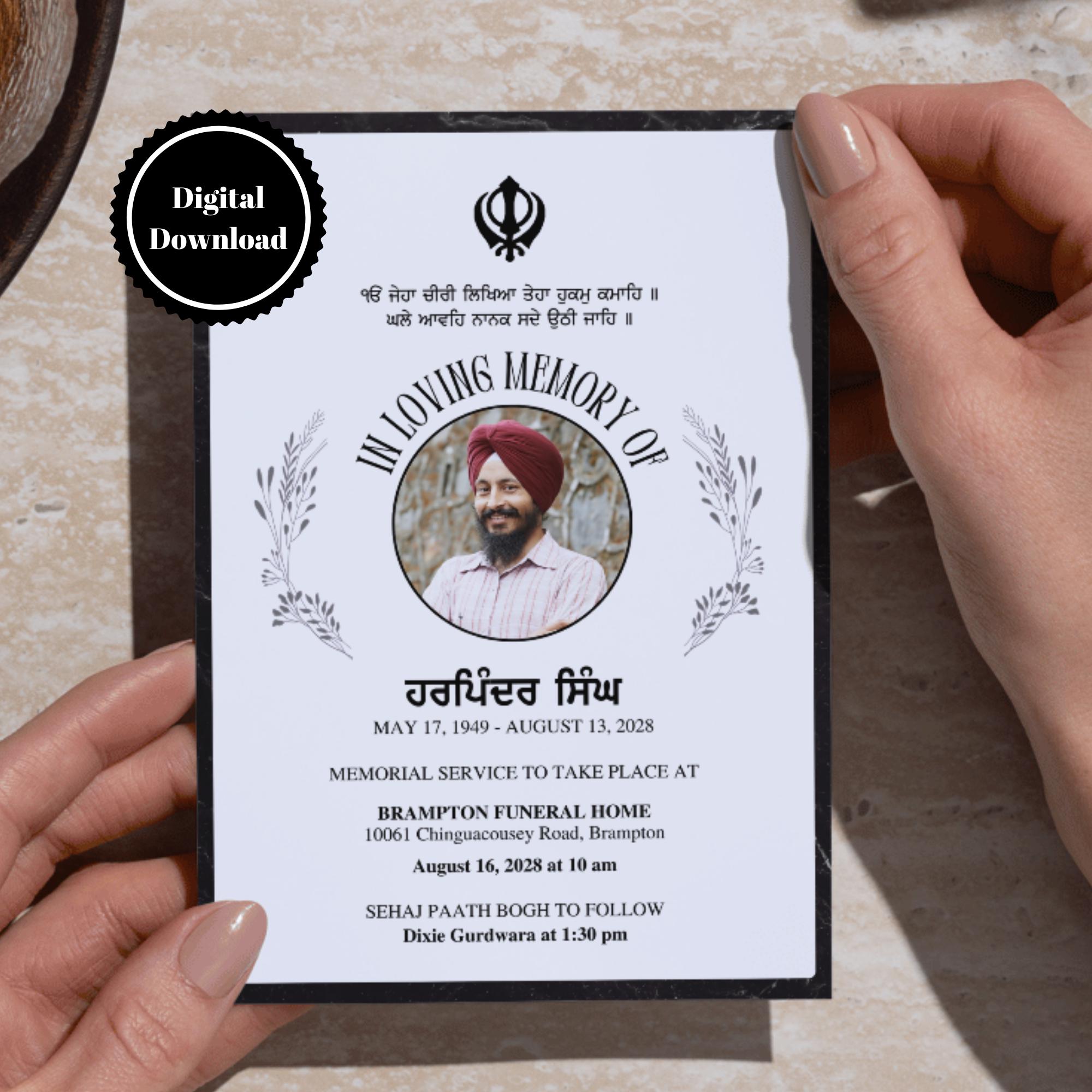 Punjabi Sikh Funeral Invitation Card | Editable Obituary Template ...