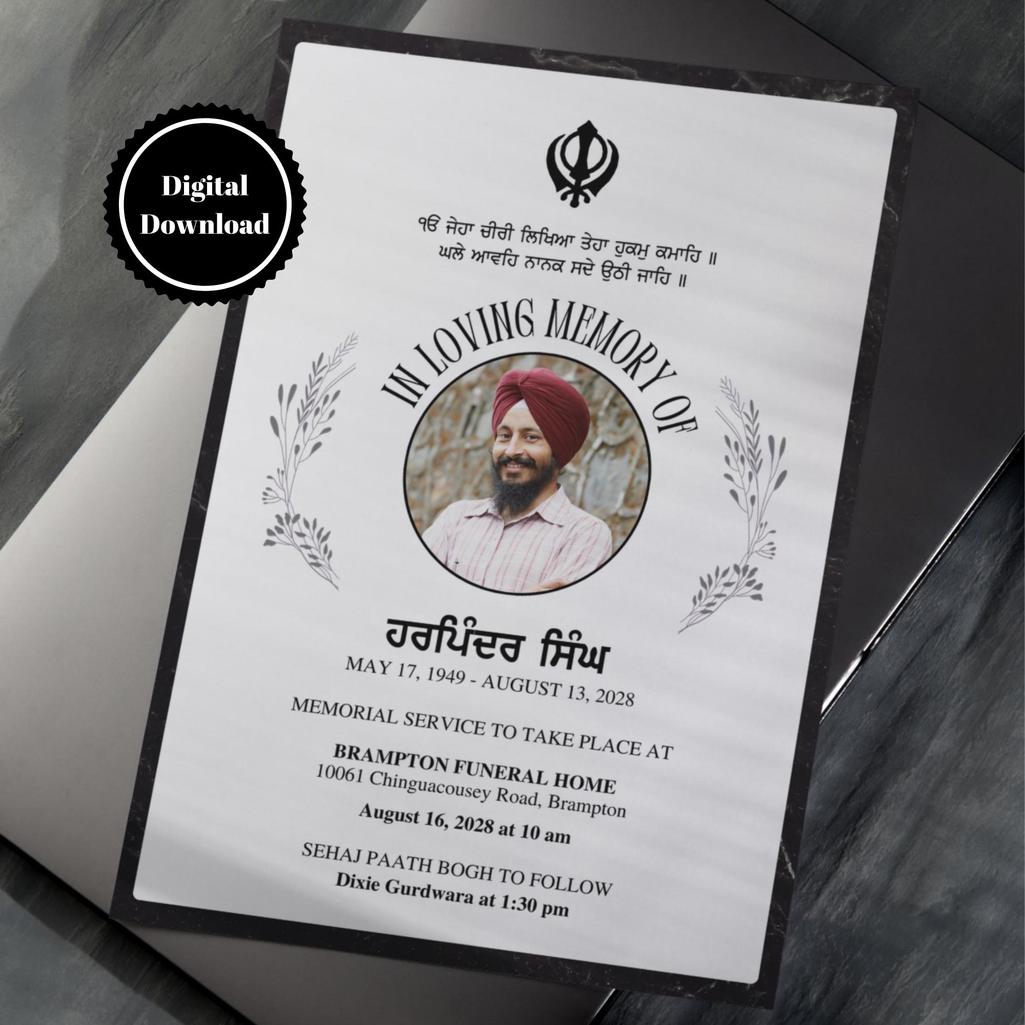 Punjabi Sikh Funeral Invitation Card | Editable Obituary Template ...