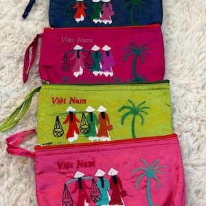 Colorful Embroidered Vietnam Souvenir Pouches - Handmade Silk Zipper ...