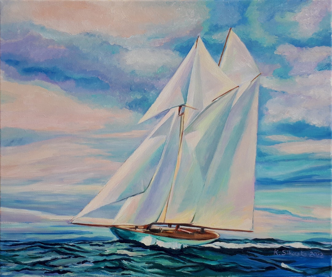 With the Wind. A Schooner Type Yacht at Sea. Original Oil Painting ...