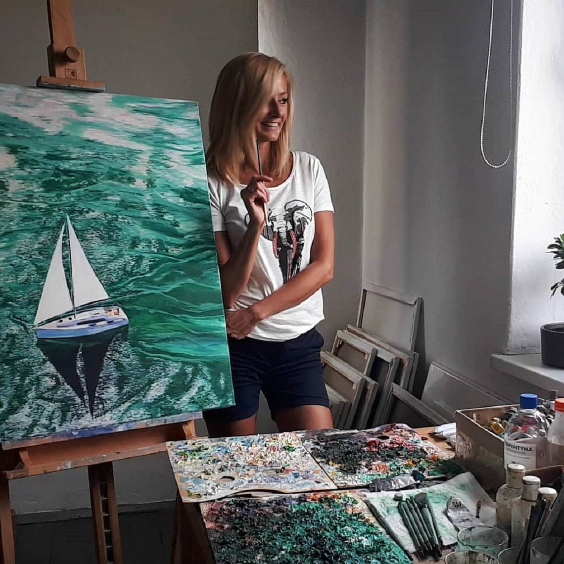 Yacht on the Azure Sea. Original Oil Painting on Canvas, One of a Kind ...