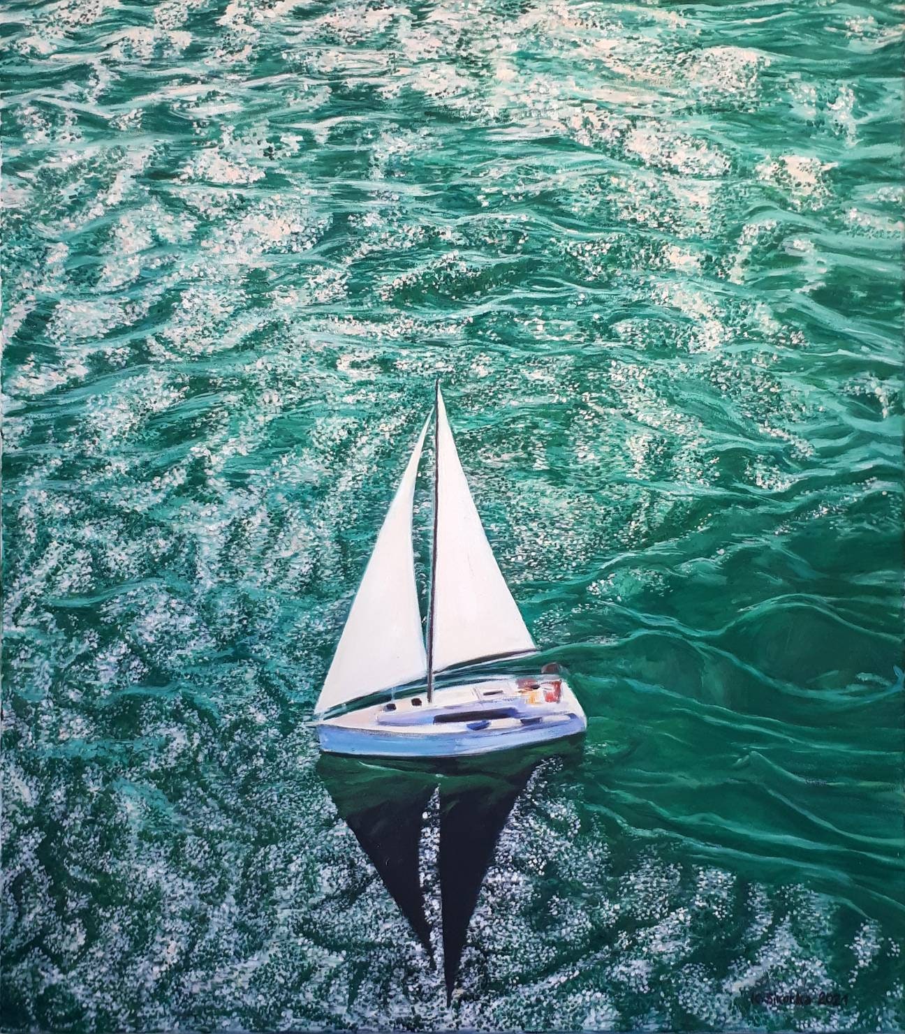 Yacht on the Azure Sea. Original Oil Painting on Canvas, One of a Kind ...
