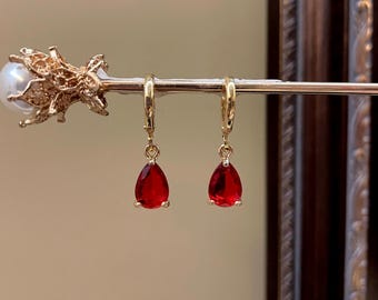Vintage Ruby Red Teardrop Jewel Huggie Hoop Earrings - Etsy UK