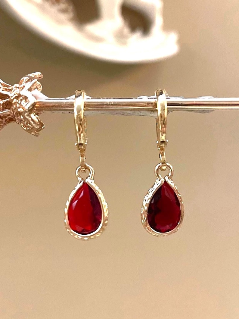 Vintage Ruby Red Teardrop Jewel Huggie Hoop Earrings - January Birth ...