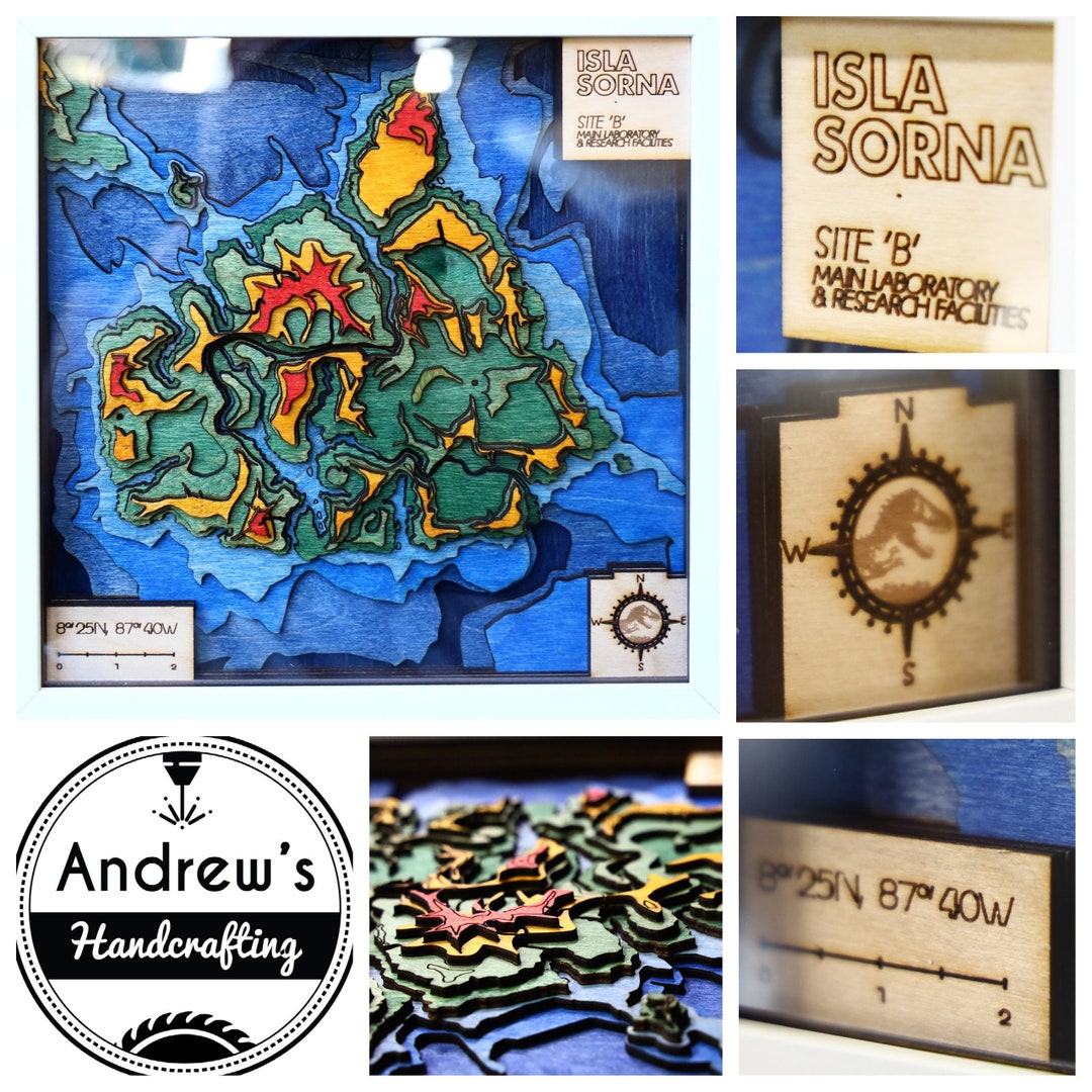 Isla Sorna Site B Laser Cut 3D Topographical Contour Wooden Relief Map ...