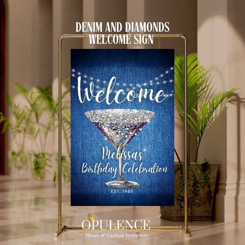 Denim and Diamonds Welcome Sign: Martini Glass, Glitter (digital ...