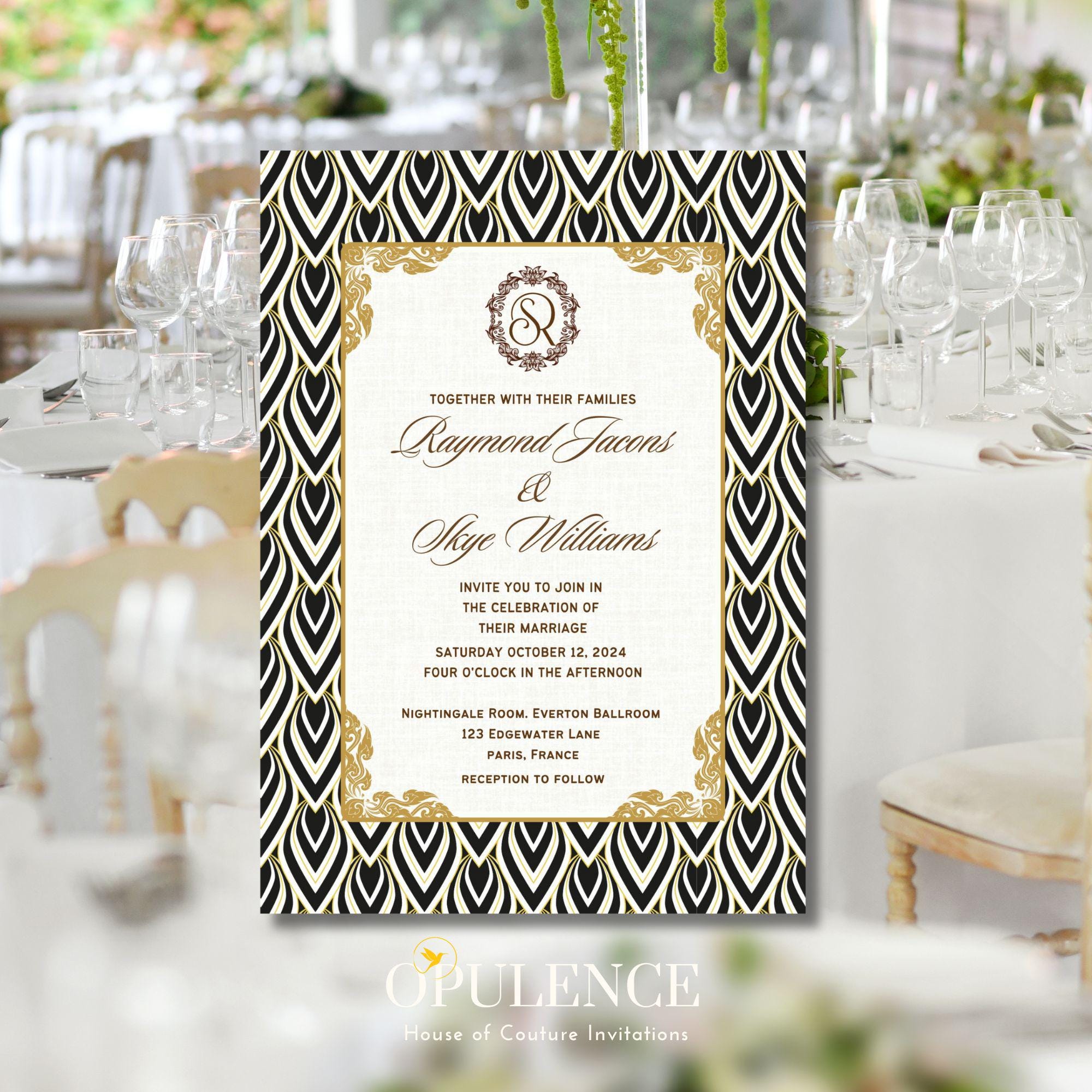 Elegant Black & White Invitations, Monogrammed With Gold Trim. Art Deco ...