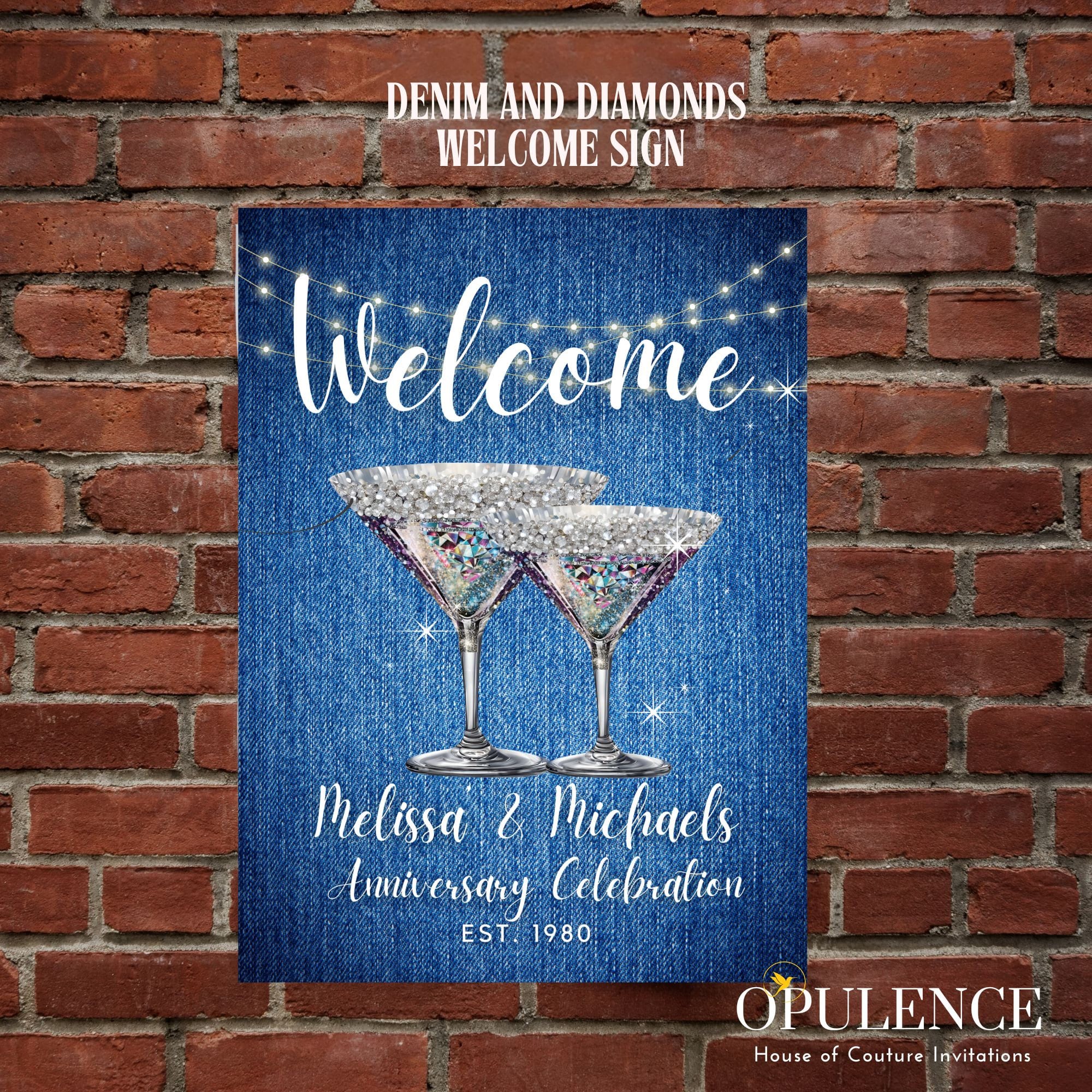 Denim and Diamonds Welcome Sign | Crystal Martini Glass With Denim ...