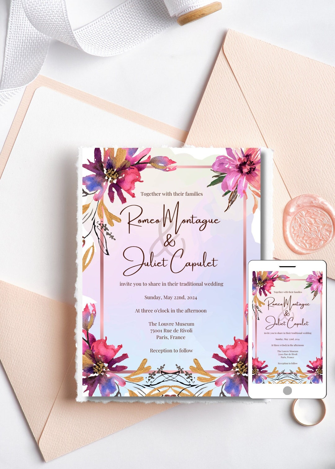 Water Color Wedding Invitations Digital Wedding Invitation Floral ...
