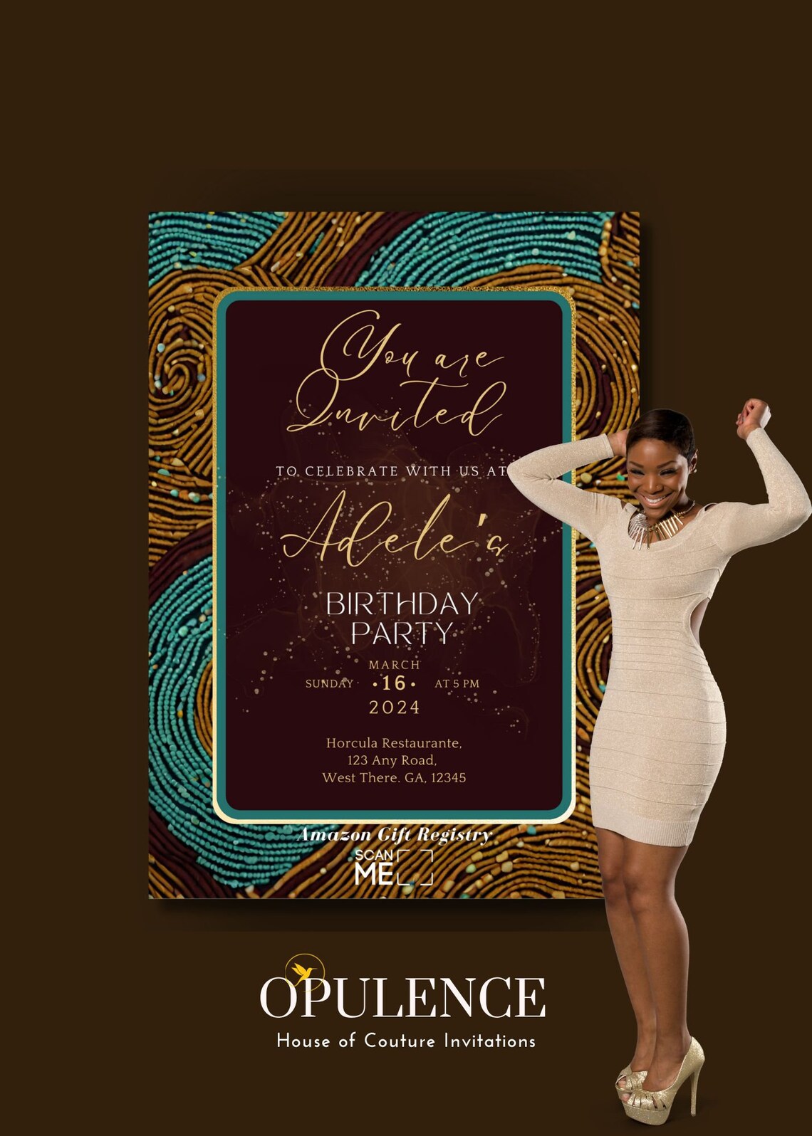 Teal, Brown & Gold Elegant Beaded African Birthday Invitation | Kente ...