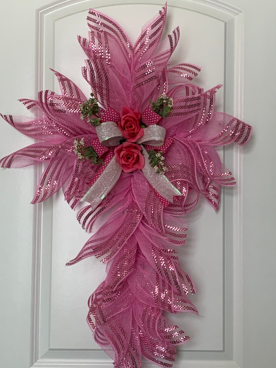 Pink Mesh Cross Door Hanger, Floral Easter Decor - Etsy