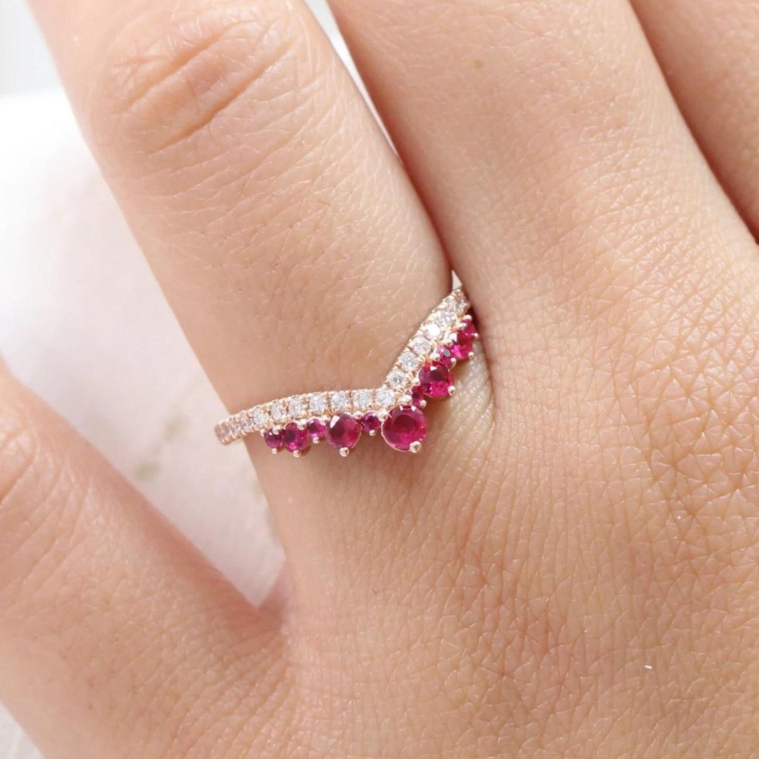 Ruby & Diamond Wedding Band, 14k Gold V Shaped Ring, Delicate Stacking ...