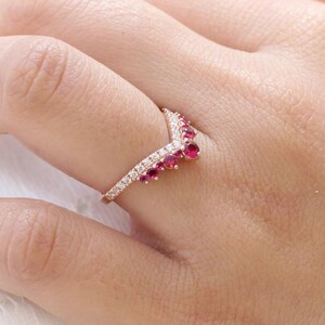Ruby & Diamond Wedding Band, 14k Gold V Shaped Ring, Delicate Stacking ...