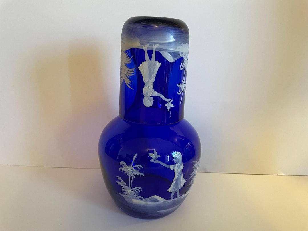 Fenton Cobalt Blue Hand Painted Mary Gregory Style Tumble up Glass ...