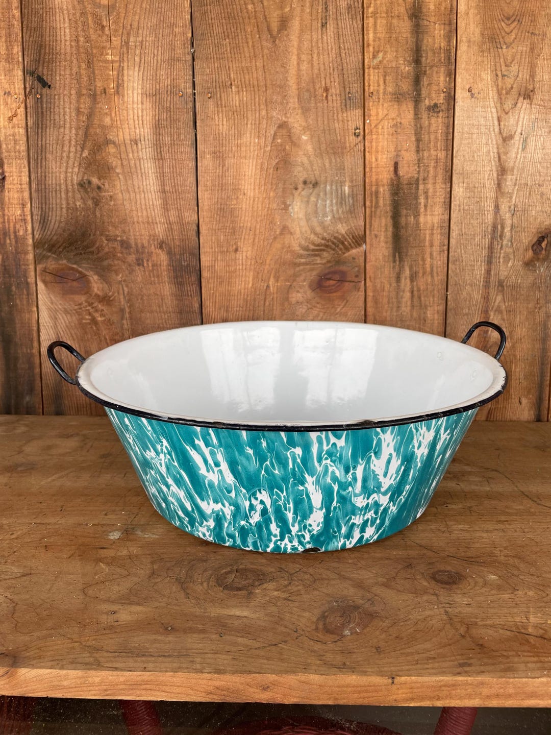 Large Antique Turquoise/white Swirl Enamelware Wash Basin - Etsy