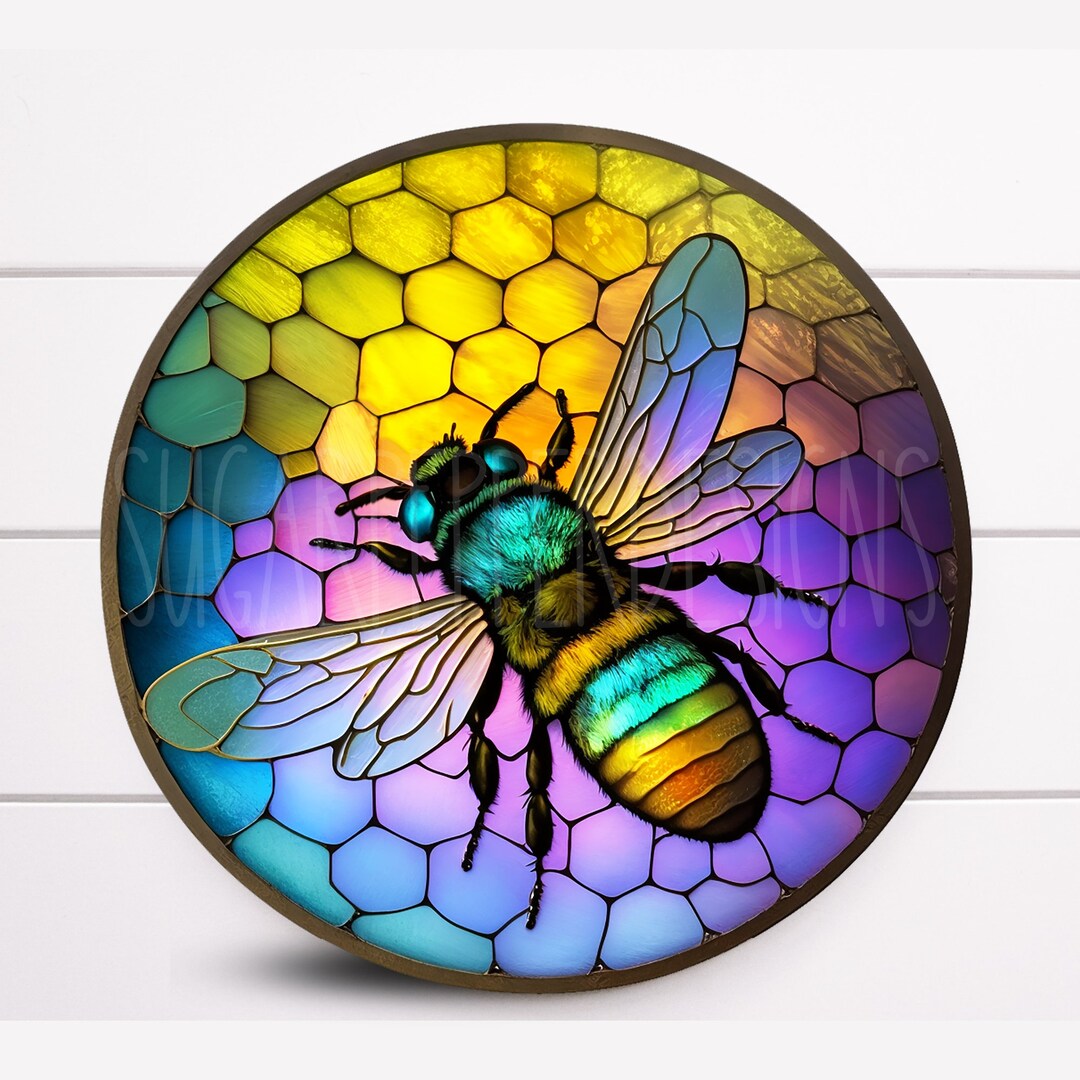 Round Bee Faux Stained Glass Wreath Sign, Faux Stained Glass Wreath ...