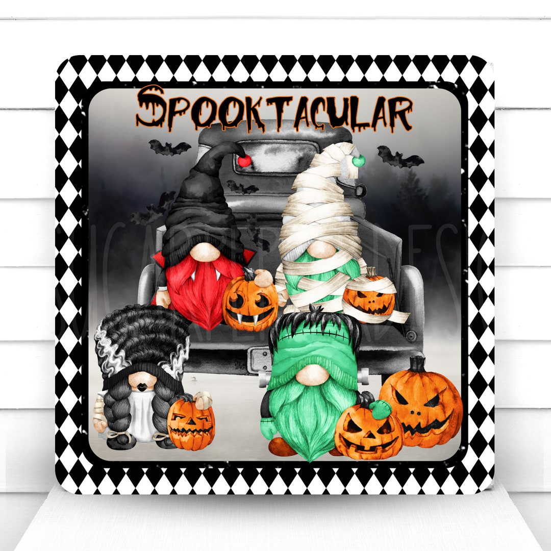 Halloween Gnome Truck Wreath Sign: Harlequin Spooky Round Door Decor ...