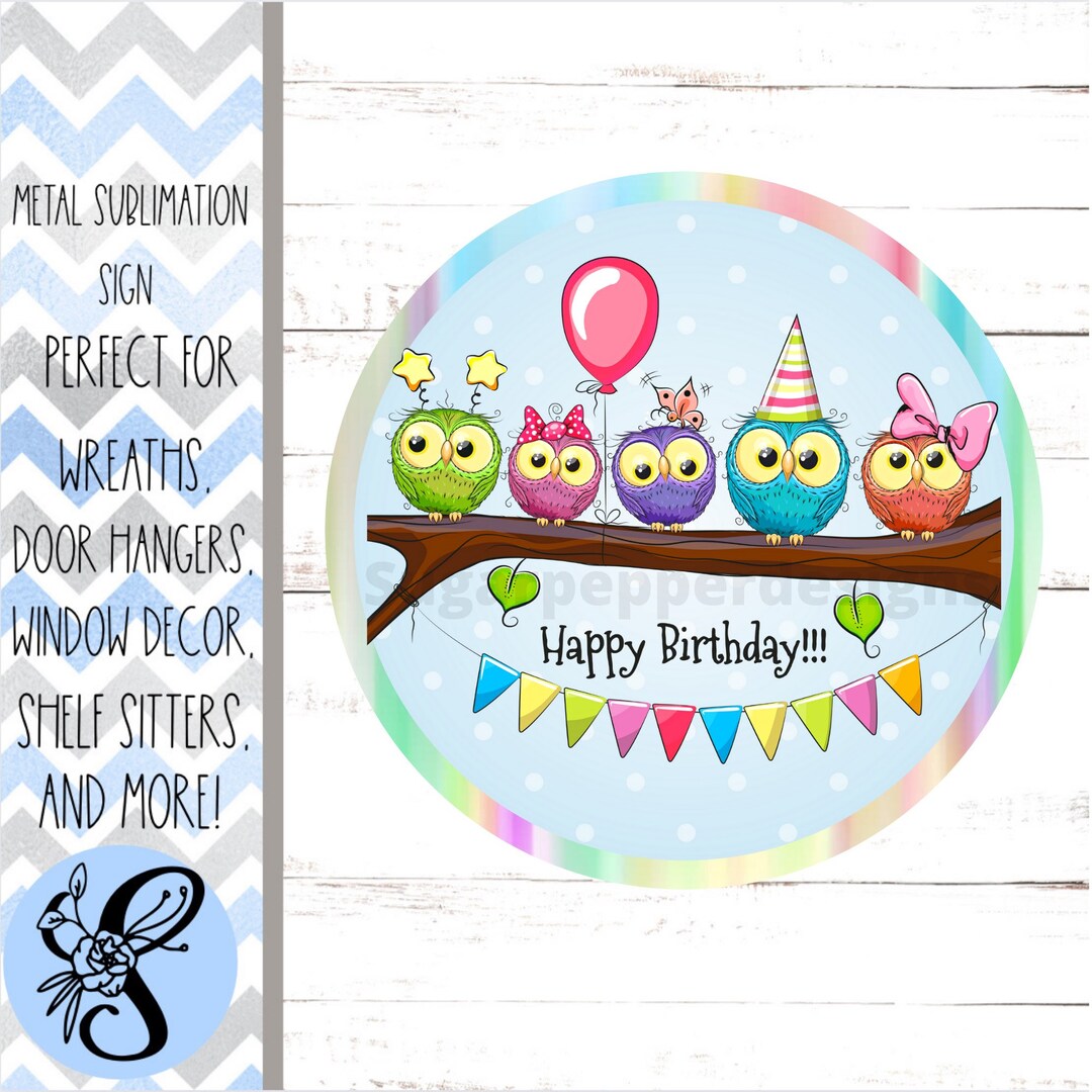 Happy Birthday Owls Wreath Sign for Wreath, Round Metal Door Decor ...