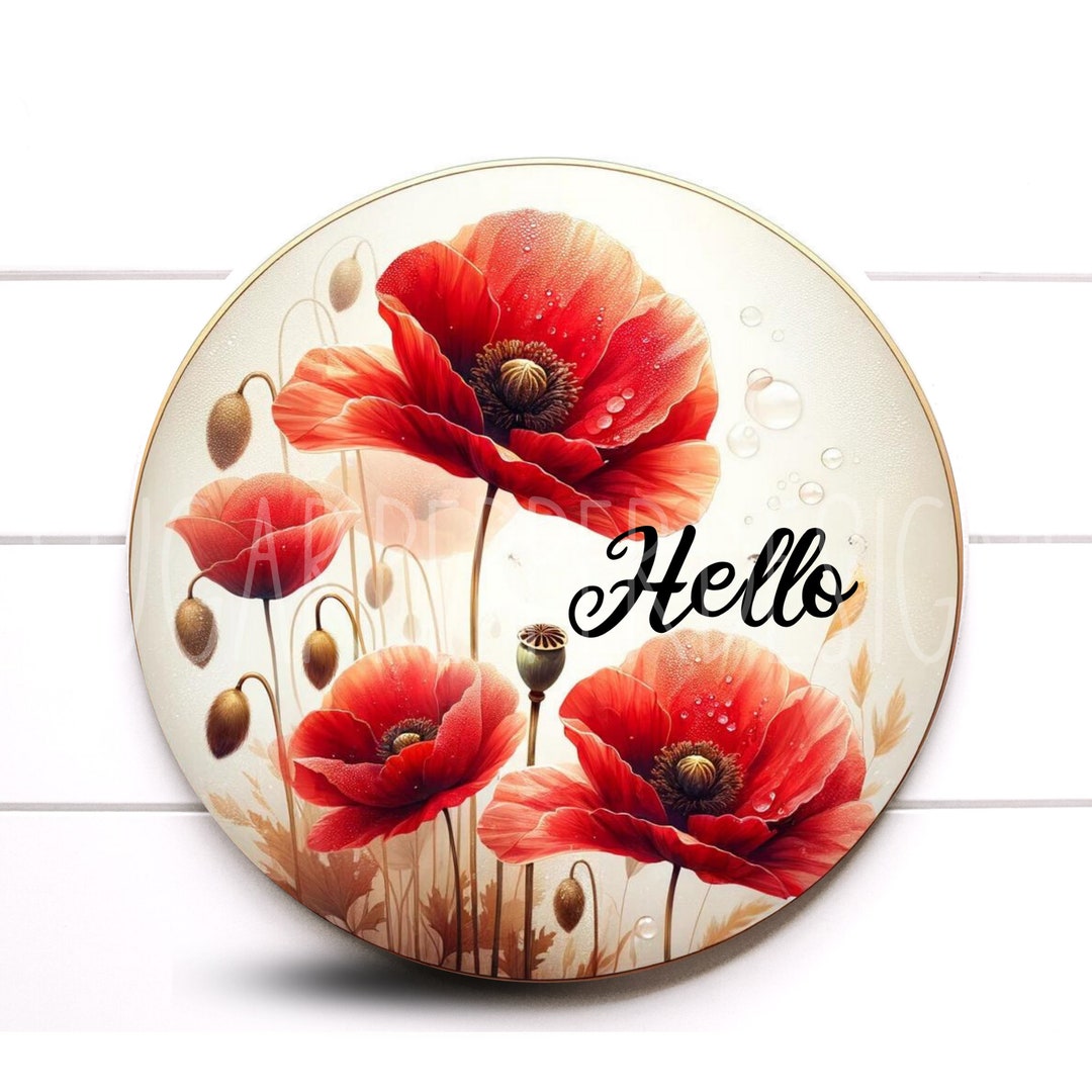 Rounds Metal Hello Floral Red Poppy Wreath Sign, Poppy Wreath Sign ...