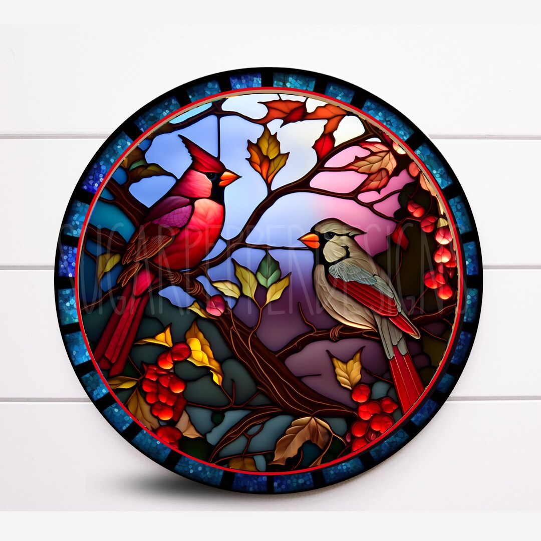 Faux Stained Glass Round Pair of Cardinals Wreath Sign, Faux Stained ...