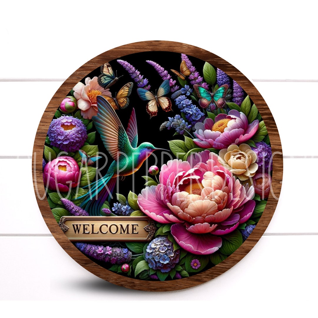 Wreath Sign, Welcome Hummingbird and Flowers Wreath Sign, Butterfly ...