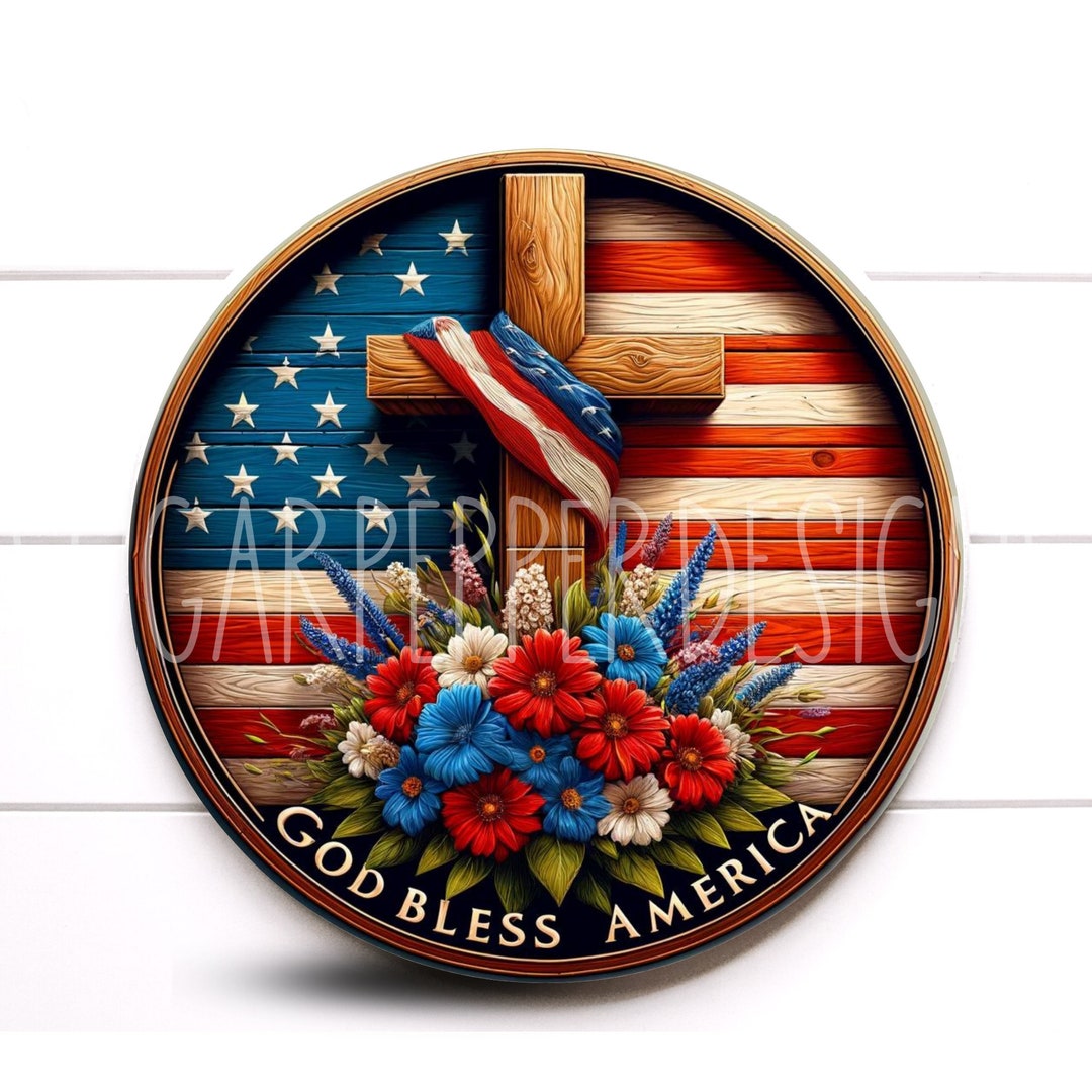 Wreath Sign, God Bless America Round Patriotic Wreath Sign, Wooden ...