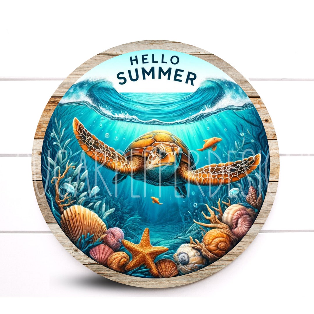 Sea Turtle Wreath Sign: Hello Summer Coastal Beach Round Aluminum Door ...