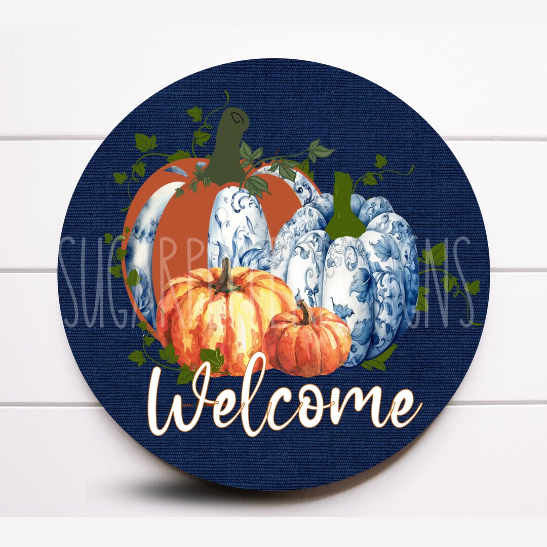 Wreath Sign Welcome Fall Pumpkin Chinoserie Wreath Sign Fall - Etsy