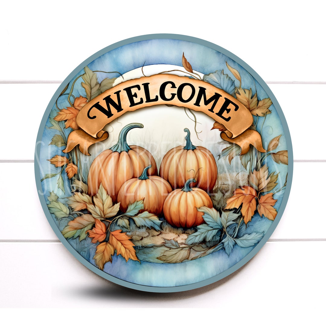 Wreath Sign, Welcome Fall Round Metal Wreath Sign, White Pumpkin Wreath ...