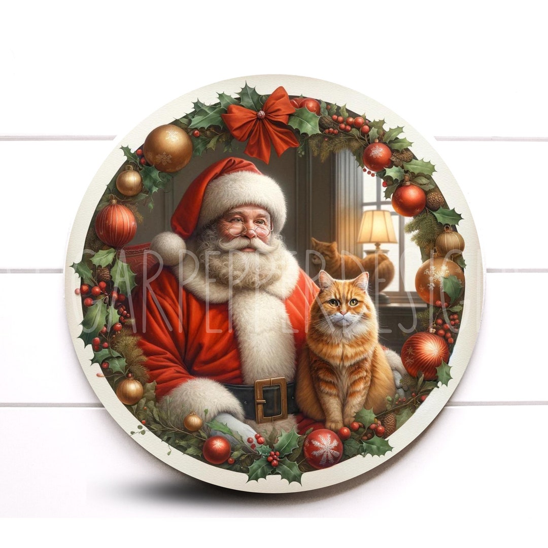 Wreath Sign, Round Orange Tabby Cat and Santa Portrait Christmas Wreath ...