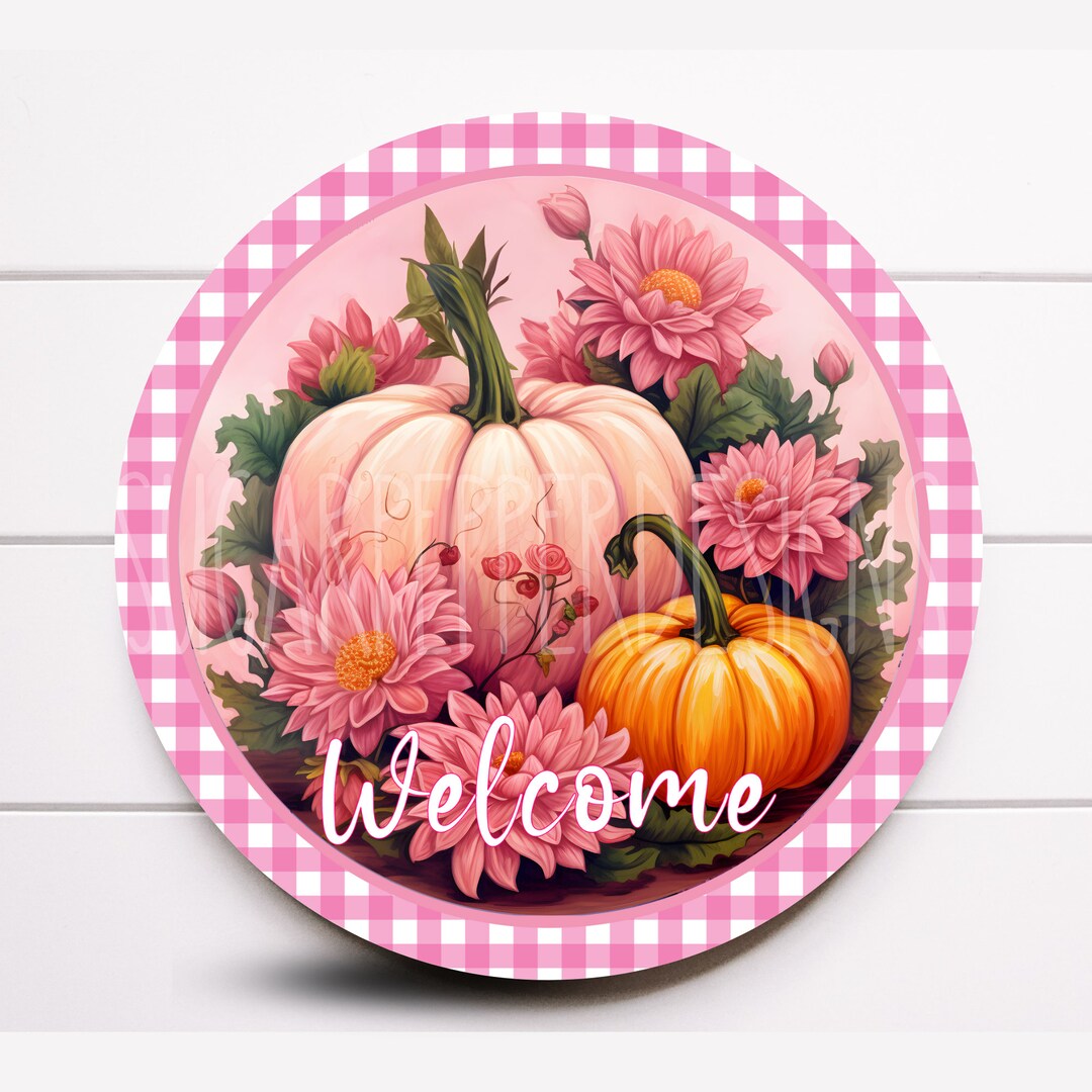 Wreath Sign, Welcome Pink Themed Fall Round Metal Wreath Sign, Pink ...