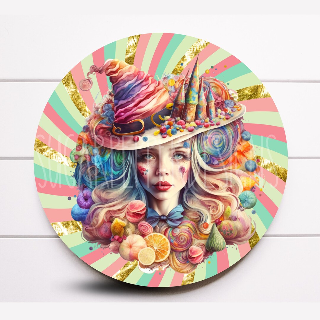 Fantasy Candy Witch Halloween Wreath Sign For Wreaths Metal Spooky Door Decor Whimsical Fall