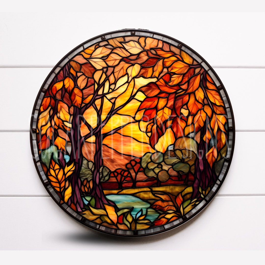 Wreath Sign, Fall Round Metal Wreath Sign, Faux Stained Glass Fall ...