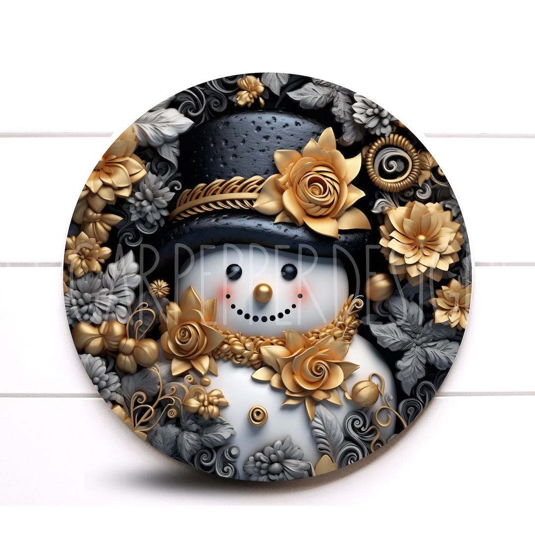 Wreath Sign, Black and Gold Snowman Wreath Sign, Christmas Wreath Sign ...