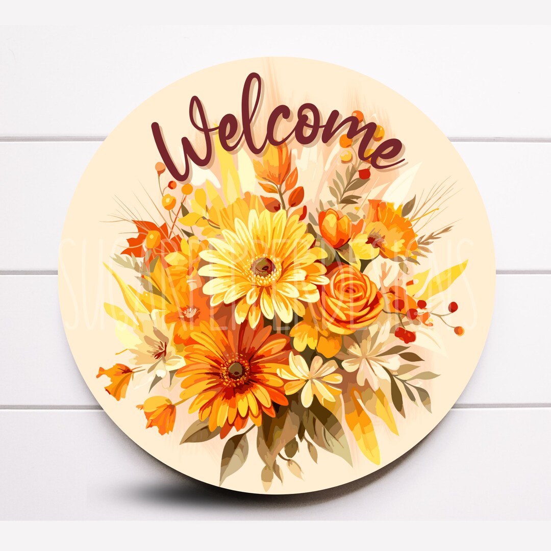 Wreath Sign, Welcome Fall Floral Round Metal Wreath Sign, Fall Floral ...