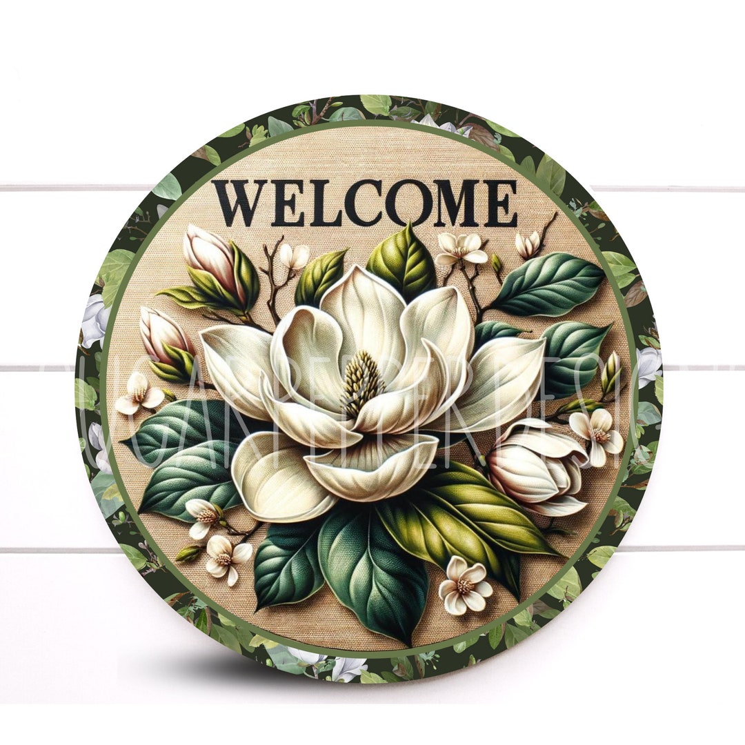 Wreath Sign, Welcome Magnolia Round Magnolia Wreath Sign, Aluminum Sign ...
