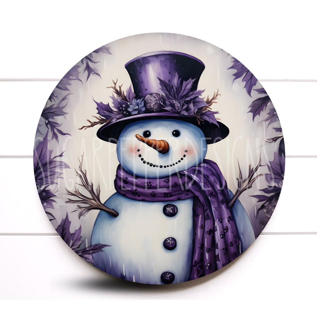 Wreath Sign, Round Metal Purple Snowman Wreath Sign, Winter Snowman ...