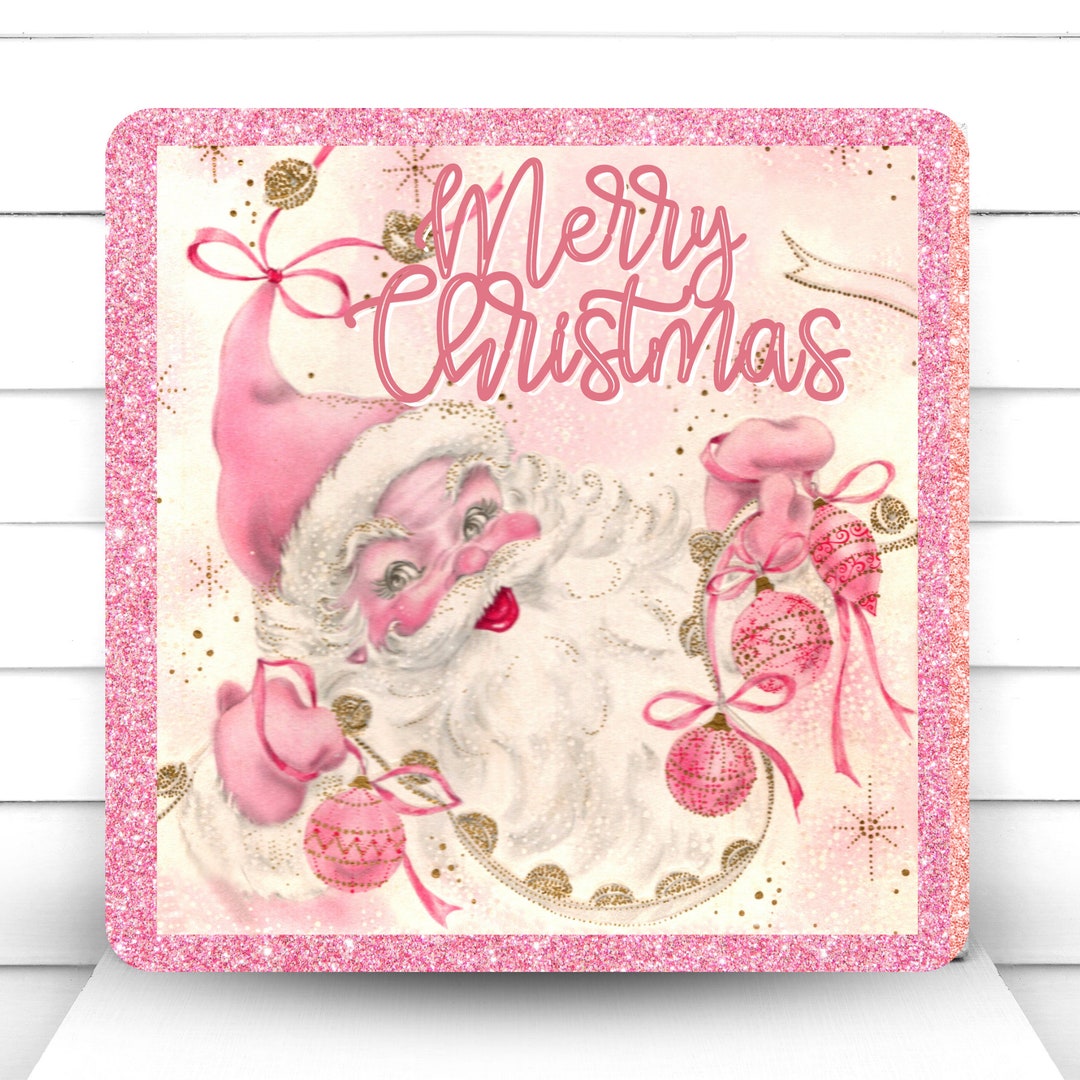 Wreath Sign, Blush Pink Retro Santa Claus Wreath Sign, Pink Christmas ...