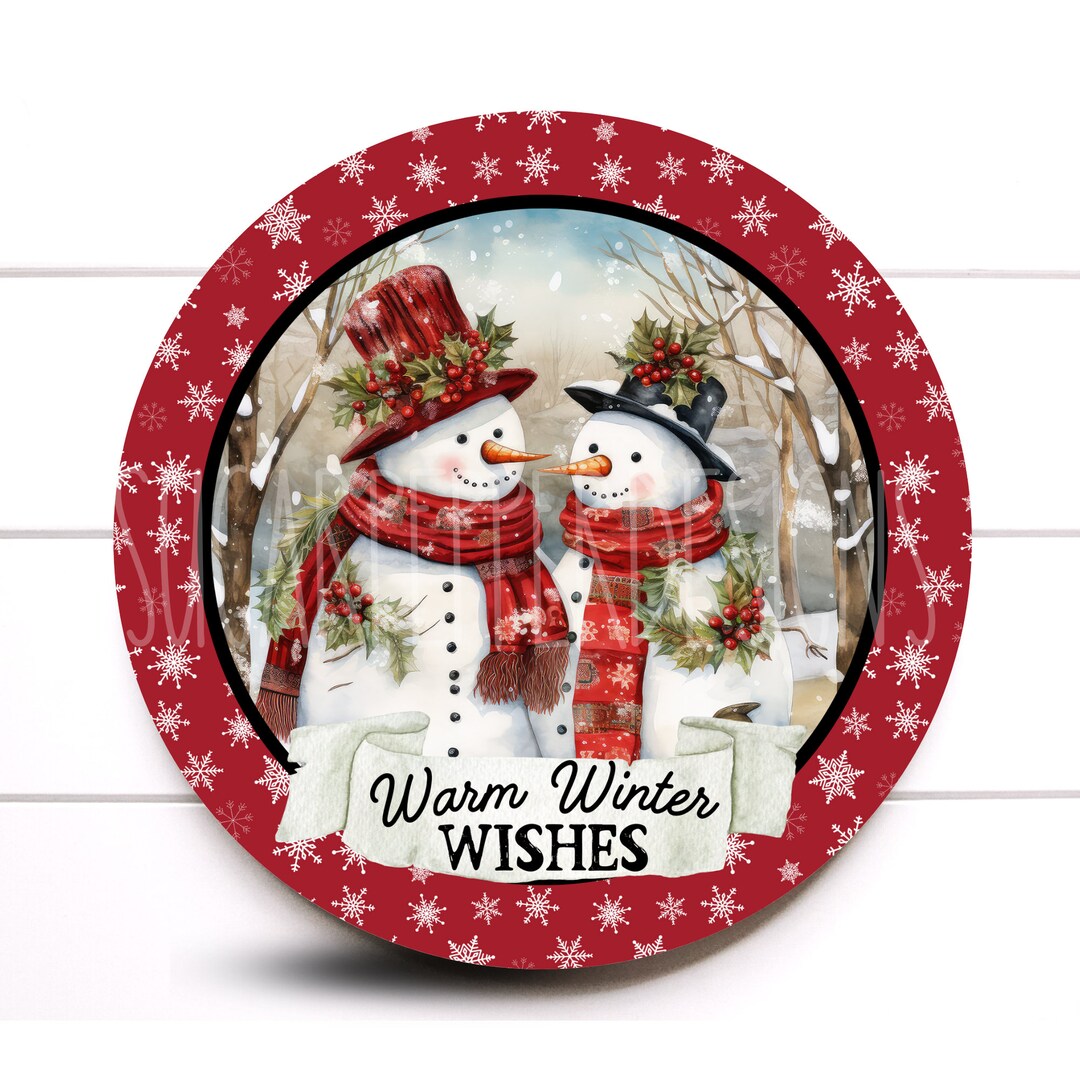 Wreath Sign, Round Metal Snowman With Snowflakes Wreath Sign, Winter ...