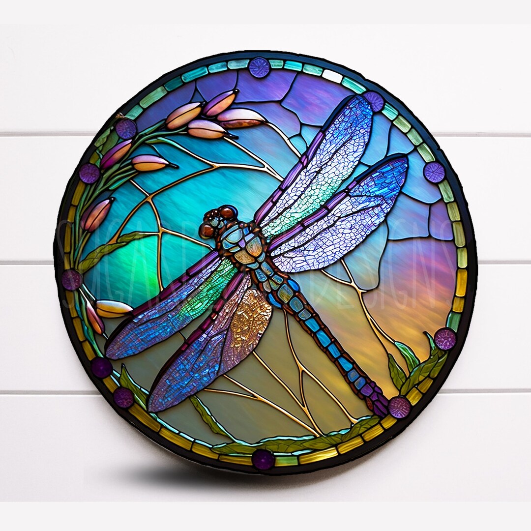 Round Dragonfly Faux Stained Glass Metal Wreath Sign, Door Decor, Sugar ...
