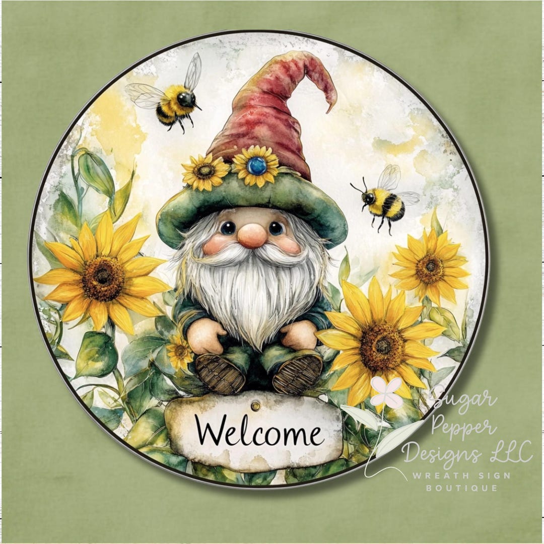 Welcome Gnome Wreath Sign With Sunflowers and Bees, Bee Gnome Summer ...