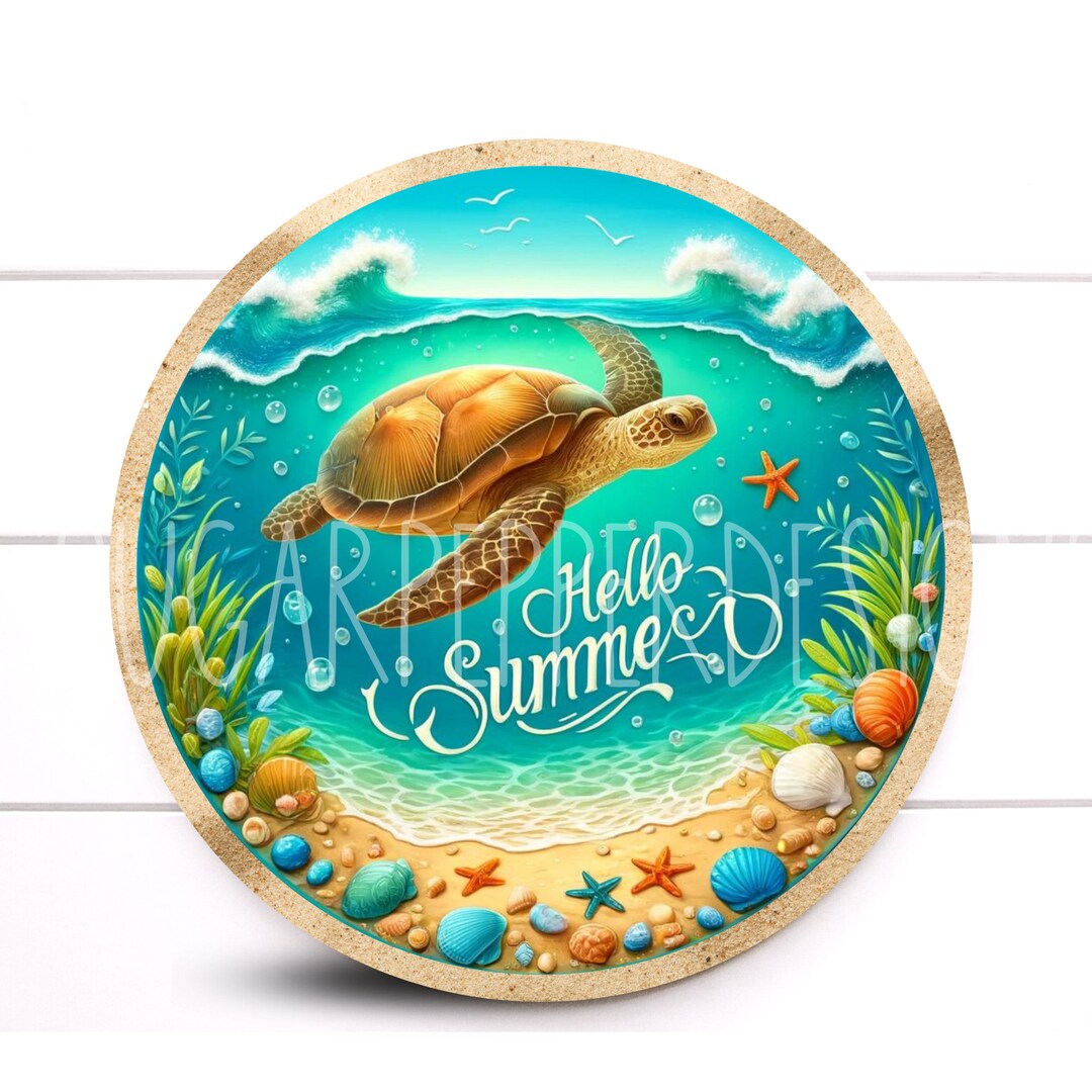 Sea Turtle Wreath Sign: Hello Summer Coastal Beach Round Aluminum Door ...