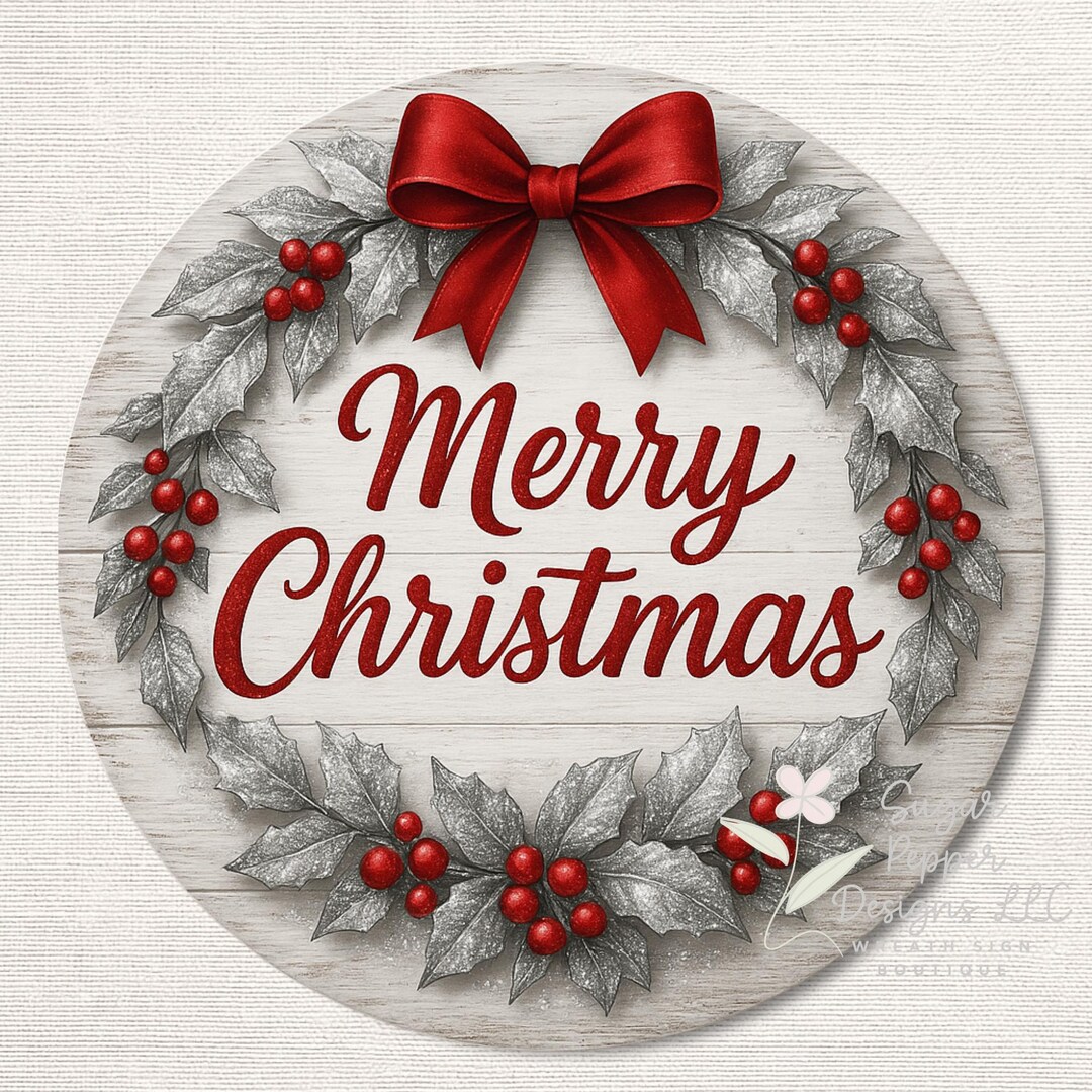 Merry Christmas Red Silver Wreath Sign, Frosted Wood Holiday Door Decor ...