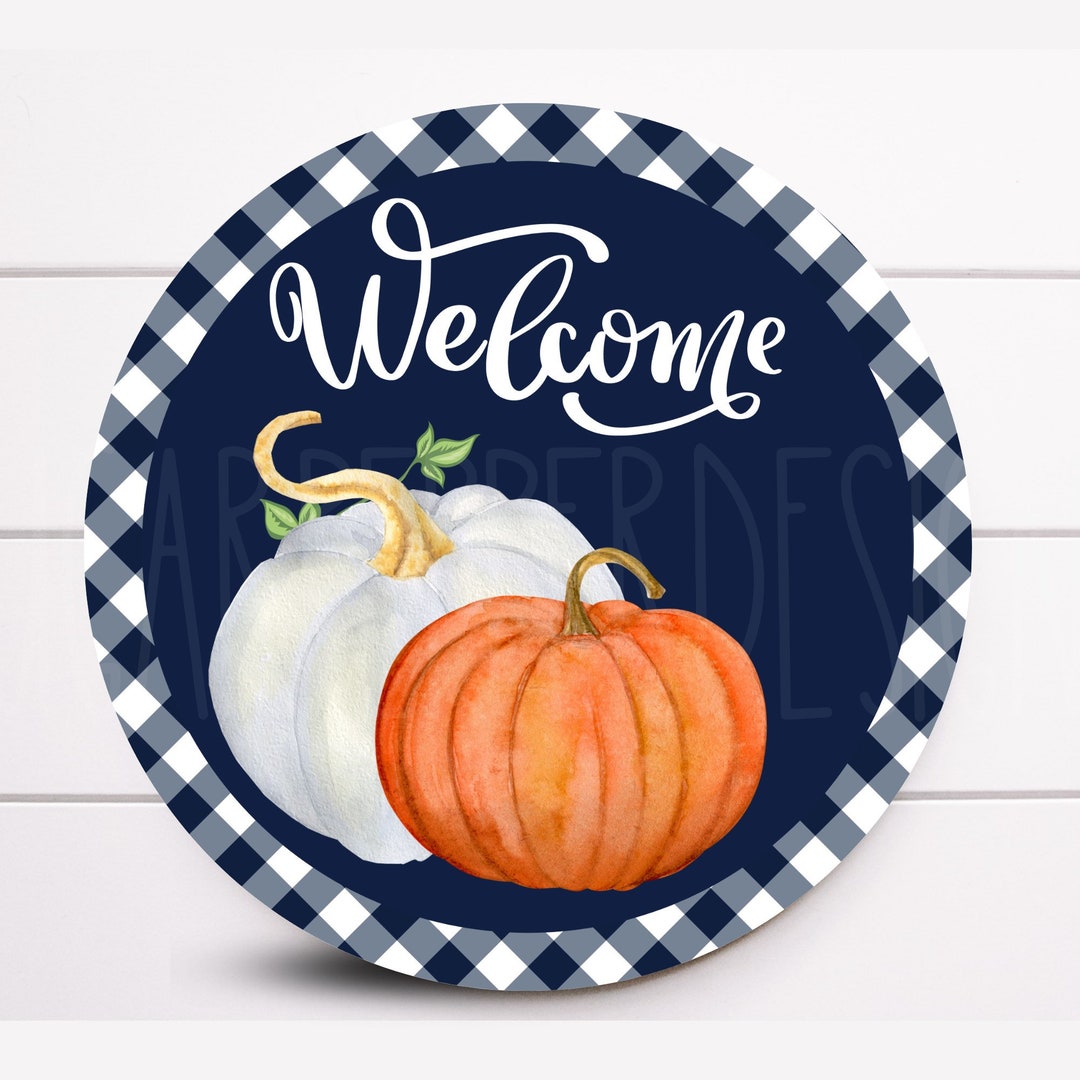Wreath Sign, Fall Welcome Navy Blue Wreath Sign, Pumpkin Wreath Sign ...