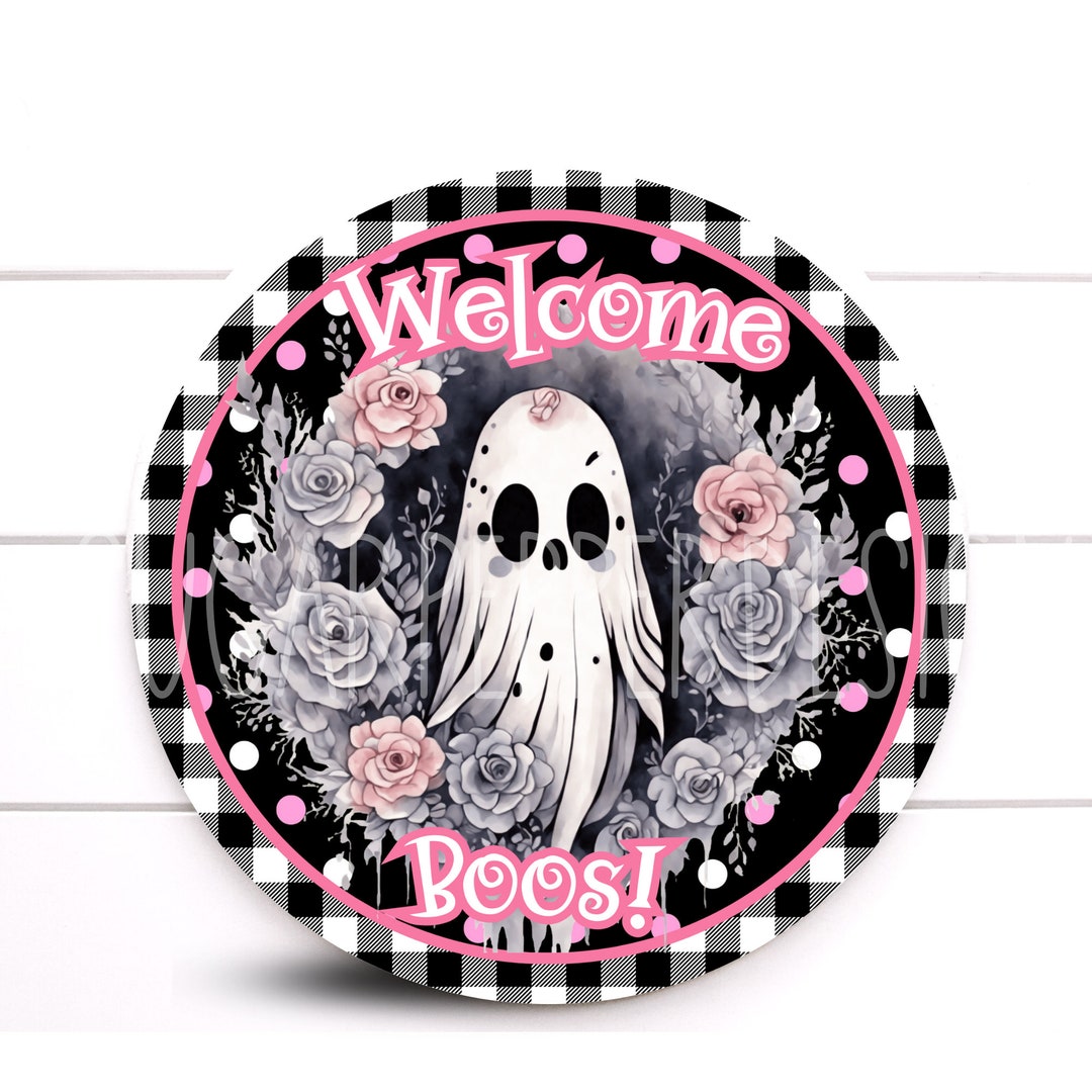 Pink Ghost Halloween Wreath Sign, Welcome Boos, Candy Pink Metal Wreath ...