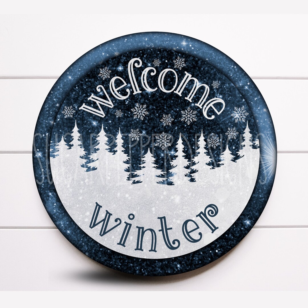 Wreath Sign, Round Blue and Silver Welcome Winter Wreath Sign, Metal ...