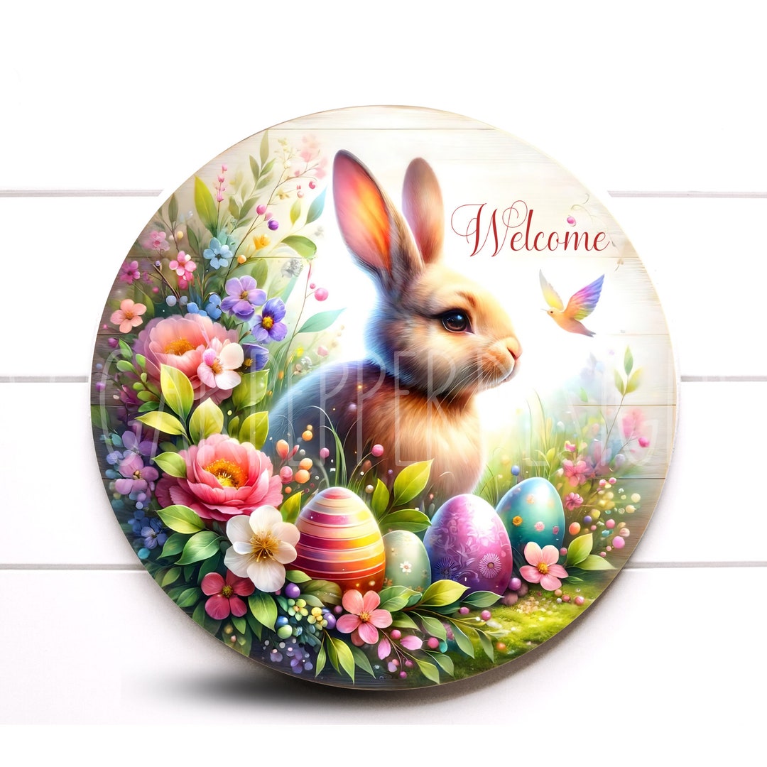 Wreath Sign, Spring Metal Wreath Sign, Welcome Easter Bunny Wreath Sign ...