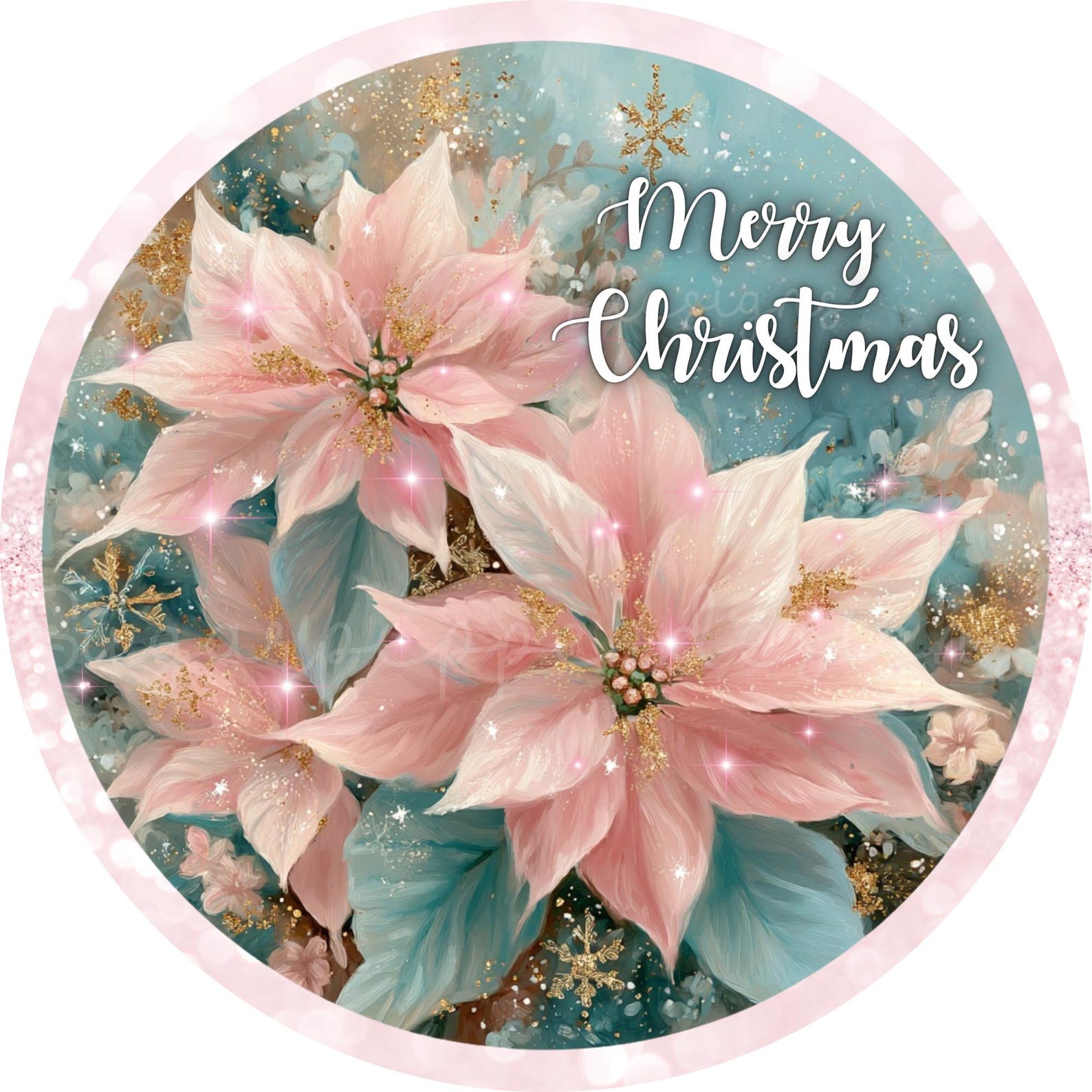 Merry Christmas Pink Poinsettia Round Wreath Sign, Pastel Winter ...