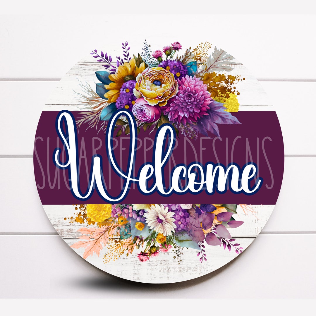 Wreath Sign, Welcome Fall Round Metal Wreath Sign, Lavender and Gold ...